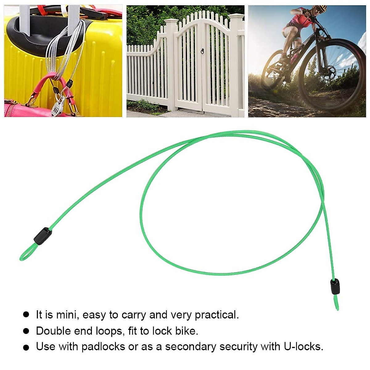 POCREATION Diameter 2mm Security Steel Lock Cable, Lock Wire with The Loops Used with Padlock or U Lock Length100cm / 39.4in Green Silver Black 1pc(Green)