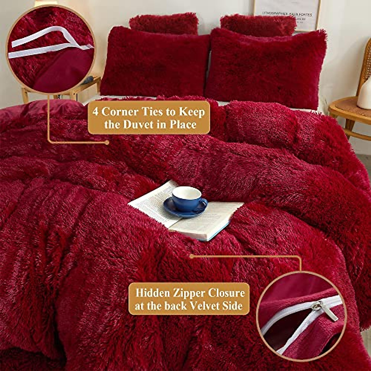 XeGe Plush Shaggy Duvet Cover Set, Luxury Soft Crystal Velvet Fluffy Furry Bedding Sets 3 Pieces(1 Faux Fur Fuzzy Comforter Cover + 2 Faux Fur Throw Pillow Shams), Zipper Closure (Queen, Red)