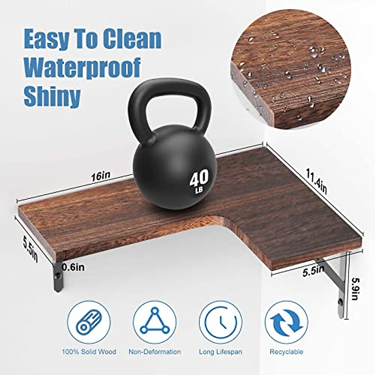 ROMGUAR CRAFT Corner Floating Shelves Wall Mounted Shelves Set of 4, Waterproof Wood Display Wall Storage Shelves, Book Shelves, Home Decor for Bathroom, Kitchen, Bedroom, Living Room, Office