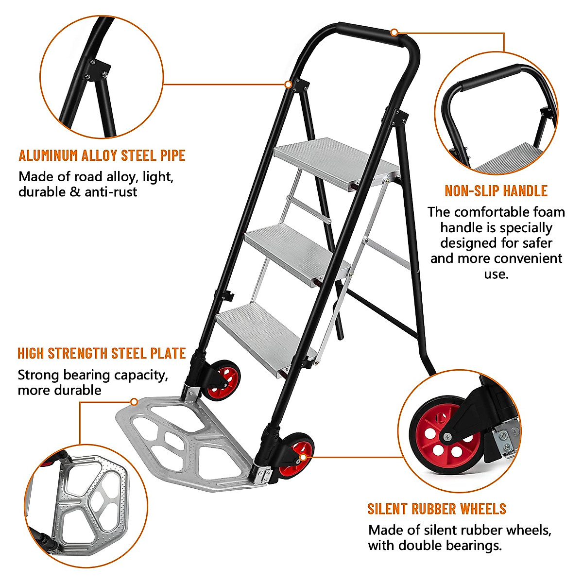 2 in 1 Aluminum Hand Truck & Ladder 3 Step Ladder Step Stool for Adults with Wide Anti-Slip Pedal and 6’’ Rubber Wheels, 330lbs Capacity Sturdy Steel Ladder Portable Steel Step Stool Dolly
