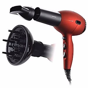 Ovente 1875 Watt Professional Hair Dryer with Diffuser, Ionic & Tourmaline Technology, For Body, Volume & Smoothing, Concentrator Attachment & Travel Bag, Lightweight for Home Use, Black & Red X3400BR