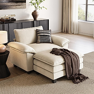 LINSY HOME Sofa Chair with Movable Ottoman - Corduroy Cloud Couch Chair Soft Comfy Modern Sofa Chaise Set Single Sleeper Chair Bed for Living Room Apartment Office (Beige, 1-Seat & 1-Ottoman)