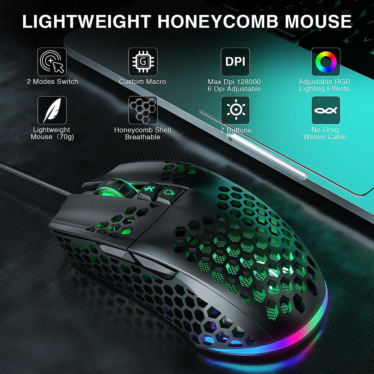 SOLAKAKA RGB Wired Gaming Mouse with Honeycomb Shell,Adjustable 12800 DPI,7 Programmable Buttons,Lightweight Gaming Mice Ergonomic Computer Mouse Gaming for Windows/PC/Mac/Laptop Gamer