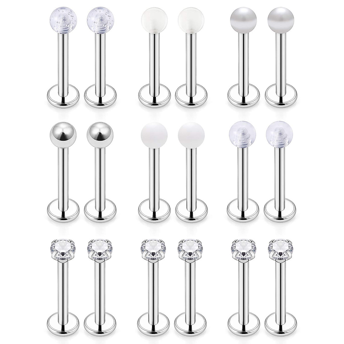 SCERRING 14 Gauge Cheek Rings Piercing Clear Cubic Zirconia Tongue Ring Body Piercing Jewelry Retainer 16mm 5/8Inch 18PCS Silver