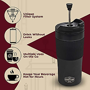 Portable French Press Travel Mug – Double Wall Travel French Press Mug – Home, Office, or Camping French Press Coffee Maker – 15 oz Portable Coffee Maker for Travel – No Leak Coffee or Tea Press