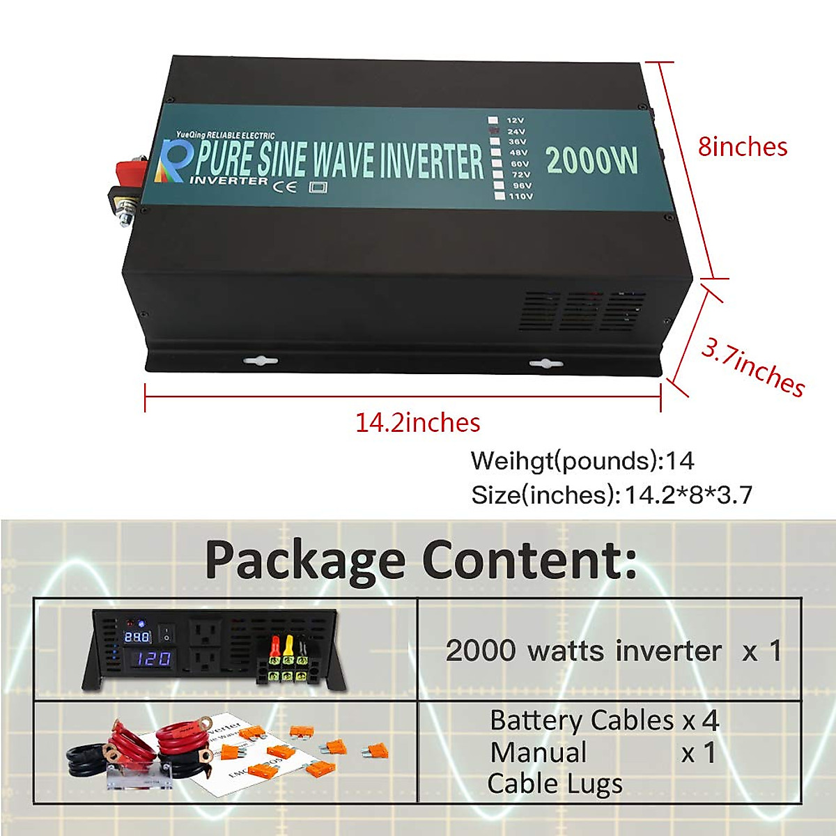 WZRELB 2000W 36V 120V Pure Sine Wave Power Inverter with 2 AC Outlets,Car Inverter (RBP-200036)
