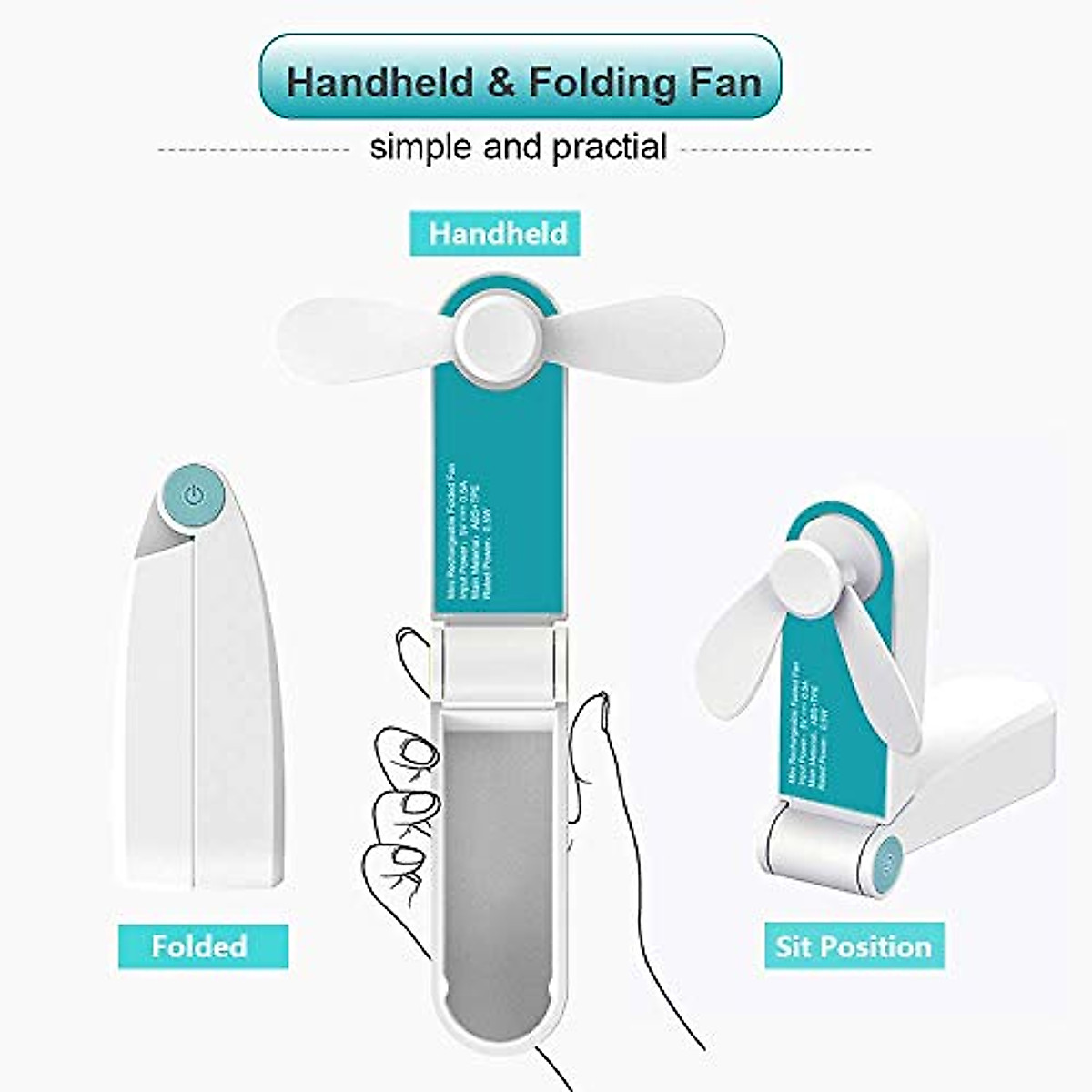 Supabear Personal Handheld Fan, Mini Portable Pocket Fan, Small Travel Eyelash Fans USB Rechargeable for Home Sports Outdoor Travel, 2 Speed Powerful Wind (Turquoise)