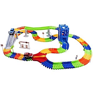 Vokodo Race Car Track Set Toy Educational Twisted Flexible Tracks 240 Pcs 2 Cars Toy with Lifter, Bridge ,Trees, Gas Station for Kids Children Toys