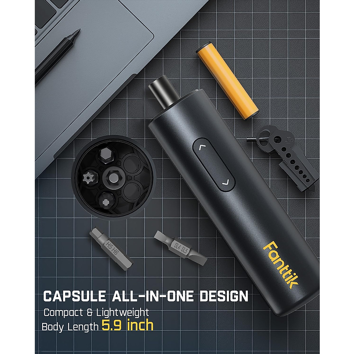 Fanttik S1 Capsule 3.7V Cordless Screwdriver, Electric Screwdriver, Max 5 N.m, 320 RPM Motor, 5 Pcs Double-Ended Bits, Compact Design, LED Light, 1/4''Hex, Idea Tool for Furniture, Appliances-Grey