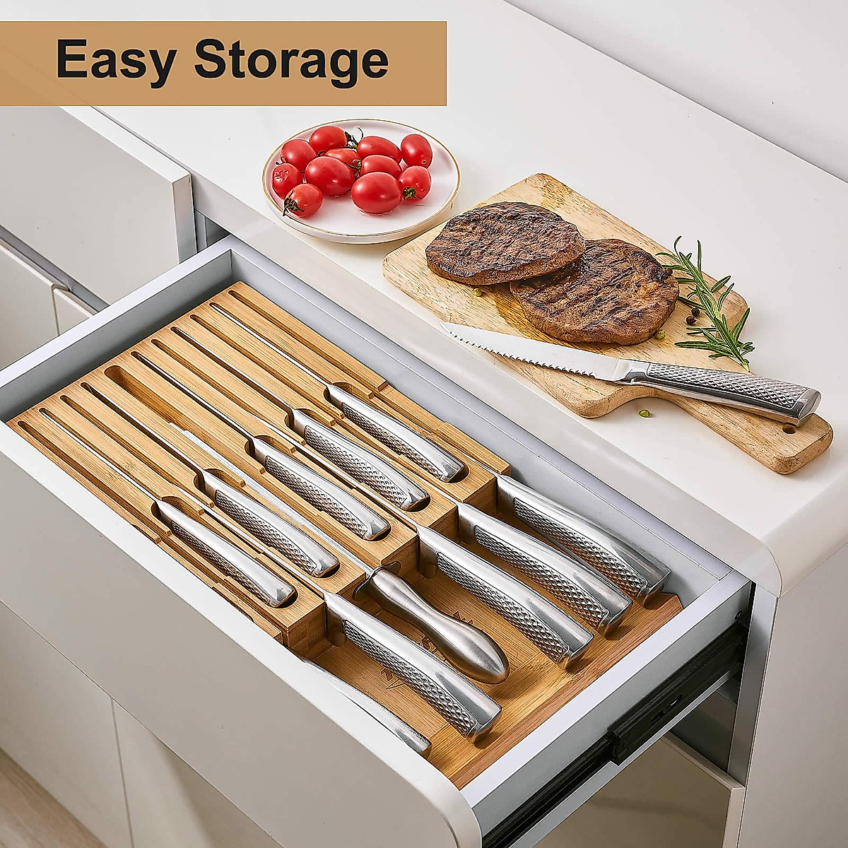 14 Pcs German Stainless Steel Kitchen Knife Set with In-Drawer Bamboo Knife Block - 7 Chef Knives,6 Serrated Steak Knives, Knife Sharpener, Ultra Sharp Chef Knife Set with Full-Tang Design