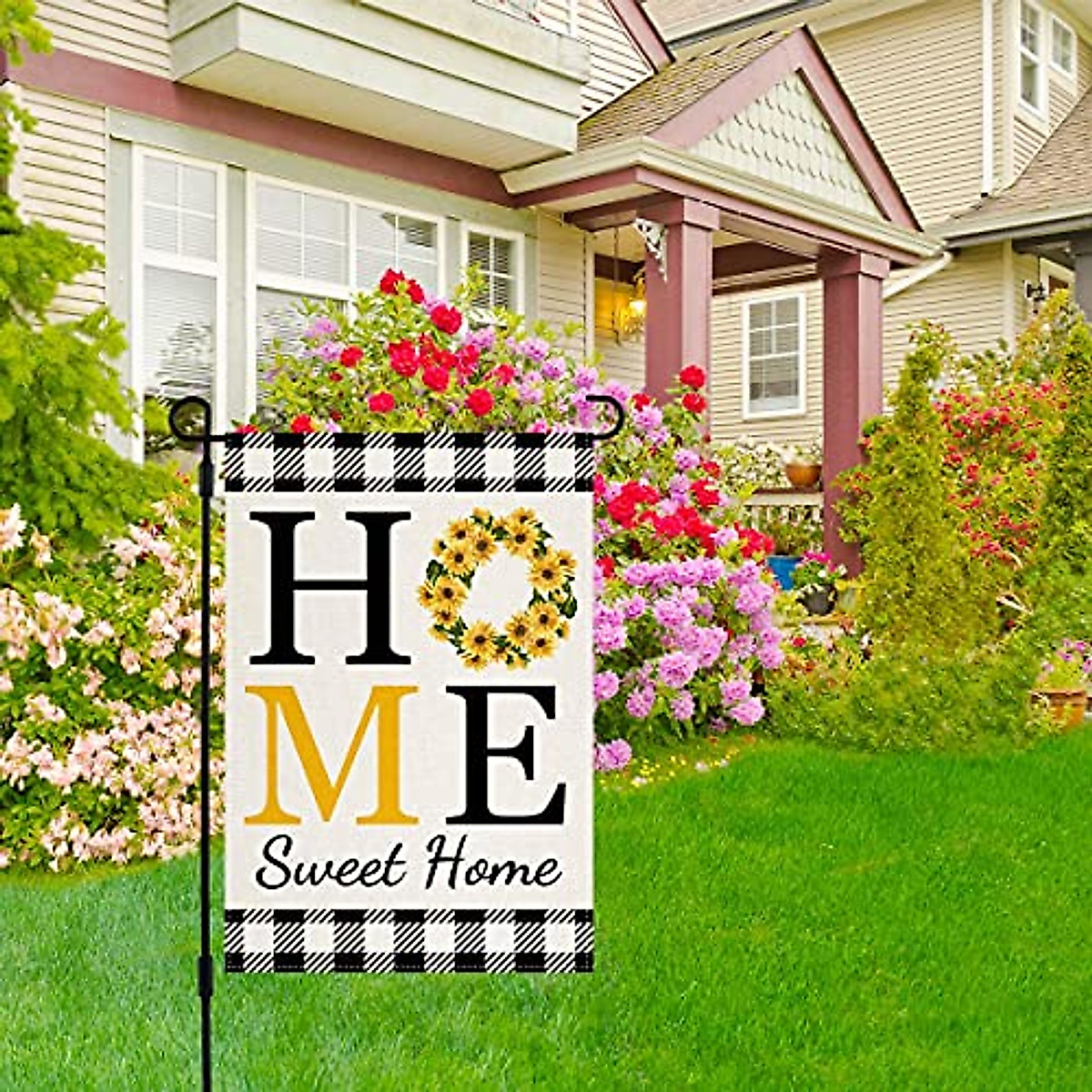QWETRY Sunflower Home Sweet Home Garden Flag for Outside Summer Flags for Farmhouse Lawn Outdoor Décor, Burlap Vertical Buffalo Check Plaid Flower Small Rustic Yard Flags 12.5 x 18 Inch Double Sided