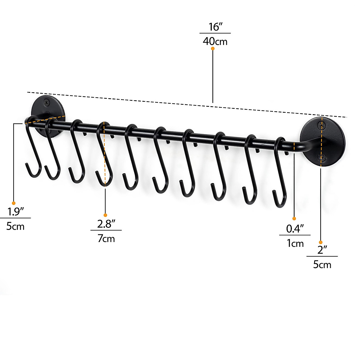 Wallniture Cucina 16" Wall Mount Kitchen Utensil Holder with 10 S Hooks for Hanging Pots and Pans and Lid Organizer, Set of 2, Black