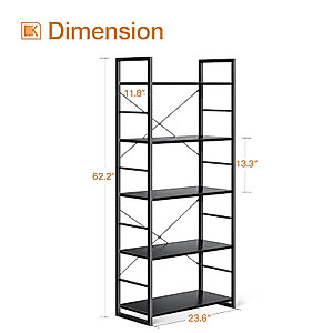 ODK 5 Tier Bookshelf, Industrial Open Bookcase Storage Organizer, Modern Tall Book Shelf for Bedroom, Living Room and Home Office, Black