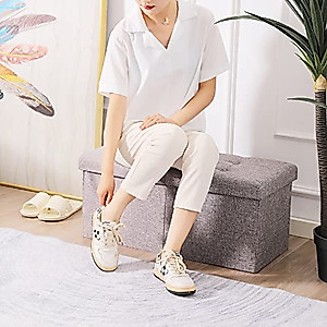 CUYOCA Storage Ottoman Bench Foldable Seat Footrest Shoe Bench End of Bed Storage with Flipping Lid, 75L Storage Space, 30 inches Linen Fabric Grey