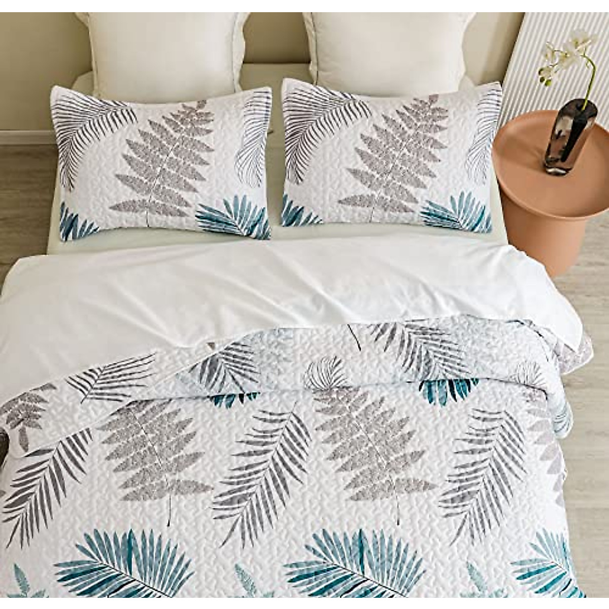 DURLENGEN Floral Quilt Set Queen Size 3Pcs, Teal & Khaki Leaves Printed on White, All Season Lightweight Coverlet Sets(Queen 90x96, Botanical Teal)