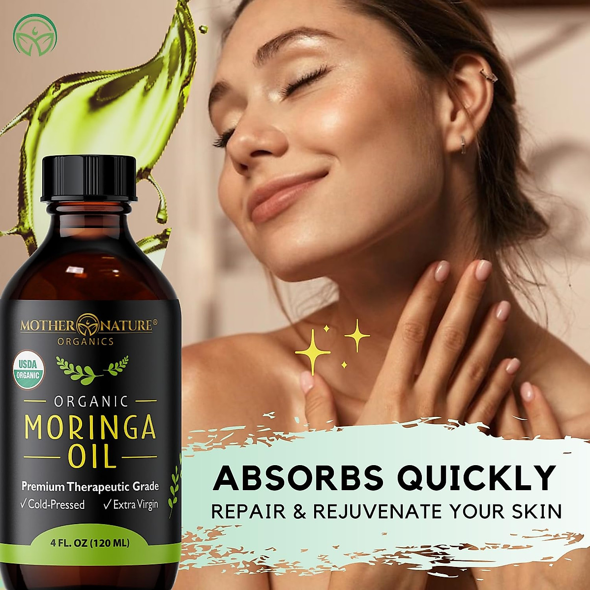 Mother Nature USDA Organic Moringa Seed Oil, 100% Pure, Cold-Pressed, Unrefined Moringa Oil for Face, Skin Care & Hair Growth, Aceite de Moringa para la Cara, Anti-Aging. Non-GMO & Gluten Free (4 Oz)