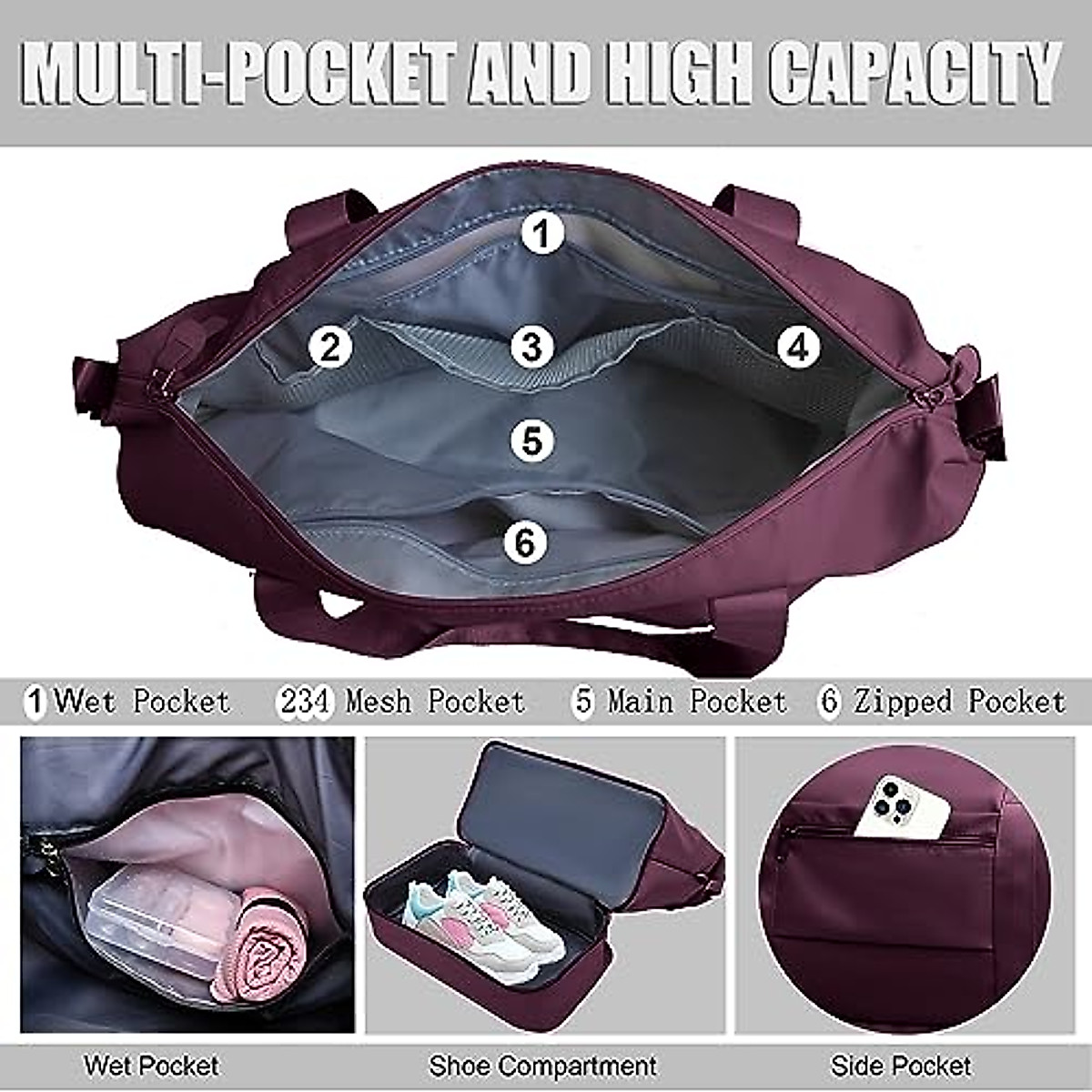MOCARE Travel Duffel Bag, Sports Gym Tote Carry on Bags for Women, Foldable Lightweight Overnight Shoulder Weekender Shopping Hospital Handbag with Shoes Compartment (Purplish Red)