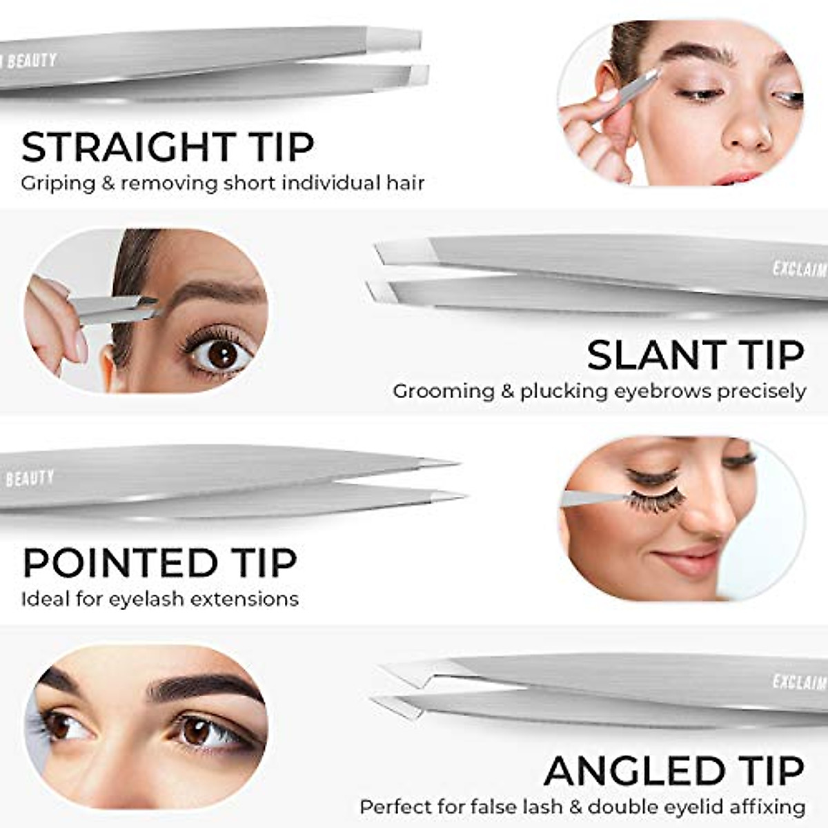 EXCLAIM BEAUTY Tweezers for Women & Men Pack of 4 Stainless Steel Tweezers Set, Precision Tweezers for Eyebrows Splinter Ingrown Hair Removal Tweezers Kit for Women with Leather Case – Silver