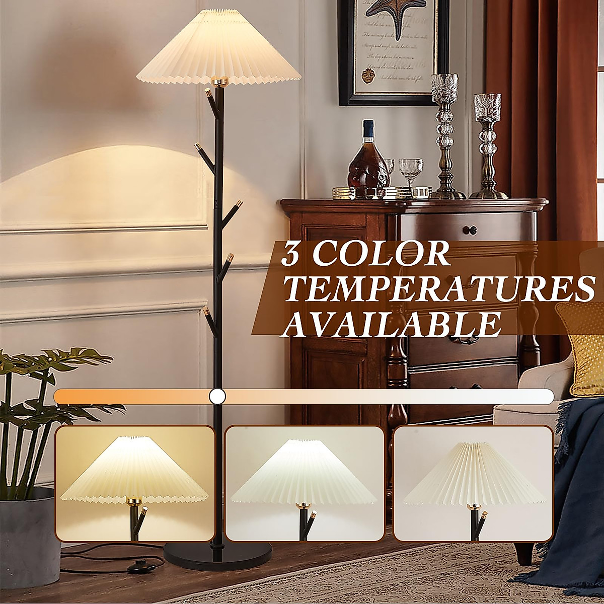 Unique Floor Lamps Modern,Black Simple Floor Lamp with Coat Rack,Tree LED standing lamp ,Lamparas De Pie Para Sala for Living Room Office or Bedroom - Includes Two Pleated Lampshades (Beige+Green)