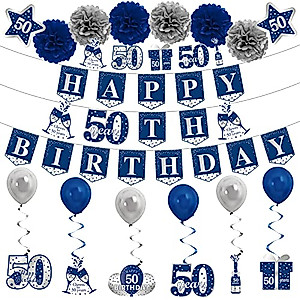 Kauayurk Blue Silver 50th Birthday Banner Decorations Kit for Men, 26pcs Fifty Birthday Banner Balloon Hanging Swirl Poms Party Supplies, 50 Years Old Birthday Sign Decor