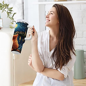 RPLIFE Cute Orange Cat Starry Night 40 Oz Tumbler with Handle, 30 Oz Tumbler, Coffee Tumbler for Women