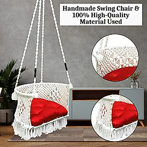 Swing/ Swing for Balcony/ Swing for Adults/ Swing Chair for Adults for Home/ Premium C Shape Swing with Macrame Floral Design/ Hanging Jhula for Adults/ Zula/ Red Cushion & Hanging Kit Included-White
