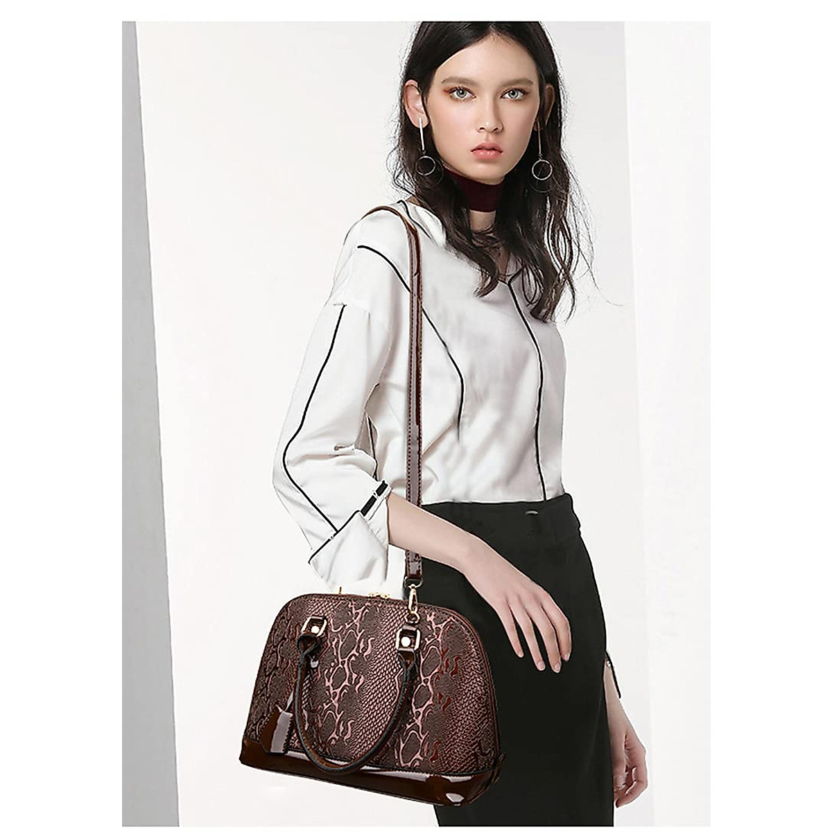 Patent Leather Handbag Crocodile Pattern Top Handle Purse Shell Bag Come with Wallet (Brown)