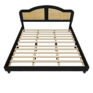 Cozy Castle Wooden King Size Bed Frame with Adjustable Rattan headboard, Boho Platform Bed Frame, No Box Spring Needed, Black