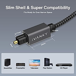 IVANKY Optical Audio Cable 10ft/3M, Slim Braided Fiber Audio Cable, Digital Optic Cord,Toslink Cable, Aluminum Shell, Gold-Plated for Sound Bar, TV, PS4, Xbox, Samsung, Vizio - CL3 Rated
