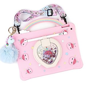 [Super Cute Rainbow Handle Unicorn Case] Pop it Case iPad Mini 6th Generation 2021 (8.3 Inch) Cover for Kids Girls with Hand Strap and 360° Rotating Stand - Pink
