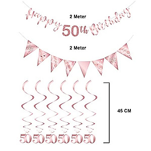 Rose Gold 50th Birthday Decoration for Girls, Happy 50th Birthday Banner Bunting Swirls, Triangle Flag Banner for 50 Birthday Party Decorations Supplies