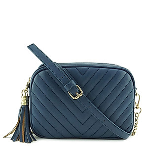 Simple Shoulder Crossbody Bag With Metal Chain Strap And Tassel Top Zipper (Dusty Navy)
