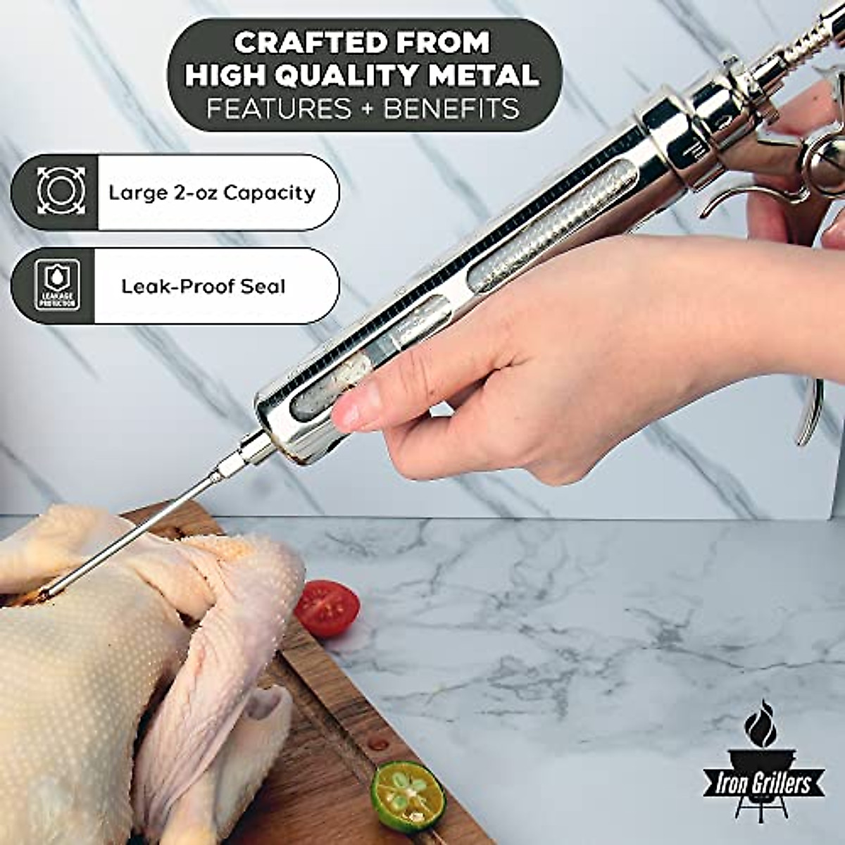Iron Grillers Meat Injector Gun for Smoking & Grilling, Large 2 Oz Glass Syringe for Cooking BBQ, Brisket, Turkey & More - Inject Marinade or Seasoning for Tender Flavor! - Automatic Professional Kit