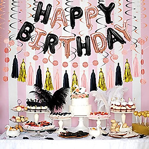 Black Rose Gold Birthday Decorations for Women Girl, Happy Birthday Party Decorations Supplies with Happy Birthday Banner, Table Runner for 1st 16th 21st 30th 40th 50th Girls Supplies