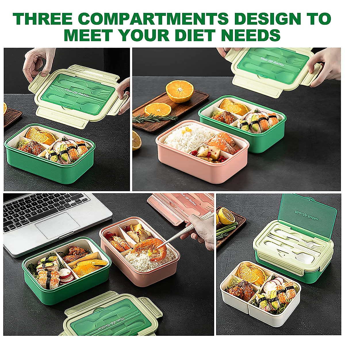 Supplim Bento Box for Adults and Kids - 1400ML Bento Lunch Box With Spoon & Knife & Fork,Leakproof 3 Compartment Lunch Food Storage Containers for Men Women