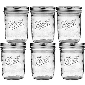 Wide Mouth Mason Jars 16 oz - (6 Pack) - Ball Wide Mouth Pint 16-Ounces Mason Jars With Airtight lids and Bands - For Canning, Fermenting, Pickling, Freezing, Storage + M.E.M Rubber Jar Opener Included