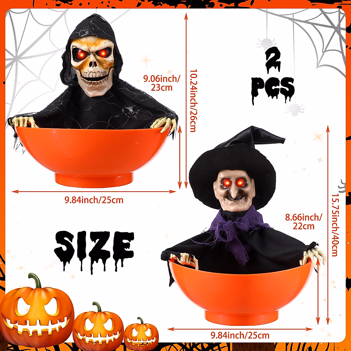 Roshtia 2 Pcs Halloween Candy Bowl Animated Skeleton and Witch Candy Bowl with LED Eyes and Creepy Sound Scary Trick or Treat Bowl Skull Screaming Candy Holder for Prank Props Party Decorations