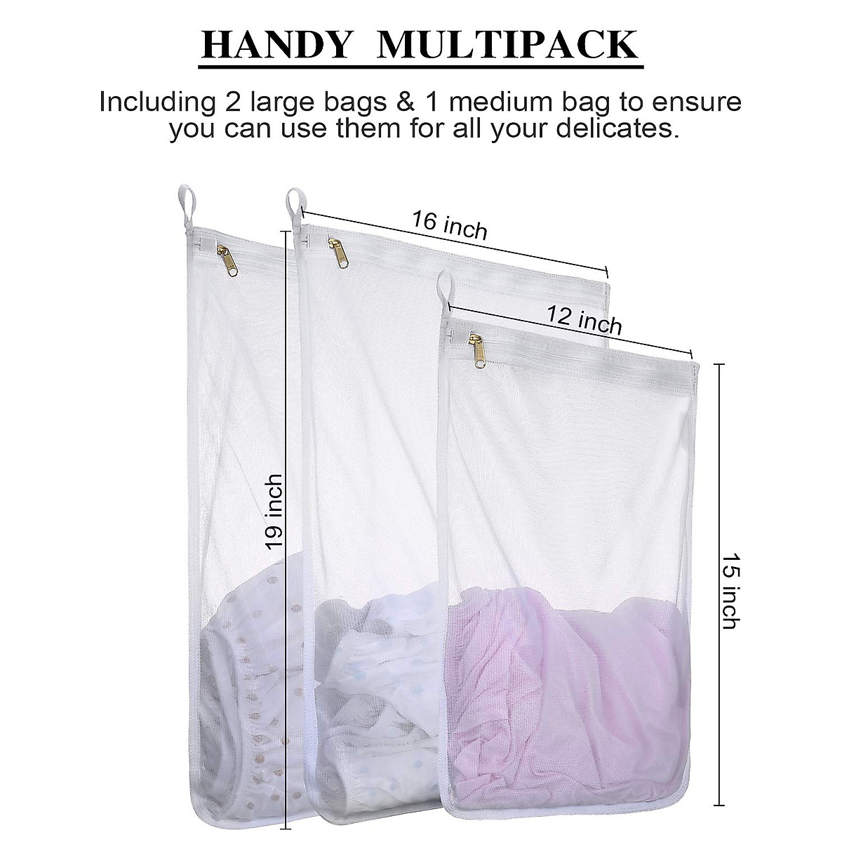 RoomyRoc Mesh Laundry Bag for Delicates with YKK Zipper, Mesh Wash Bag, Travel Storage Organize Bag, Clothing Washing Bags for Laundry, Travel Laundry Bag (White, 2 Large & 1 Medium)