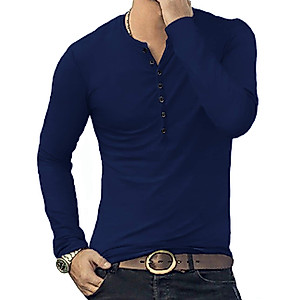 YTD Mens Casual Slim Fit Basic Henley Long Sleeve Fashion T-Shirt S Navy