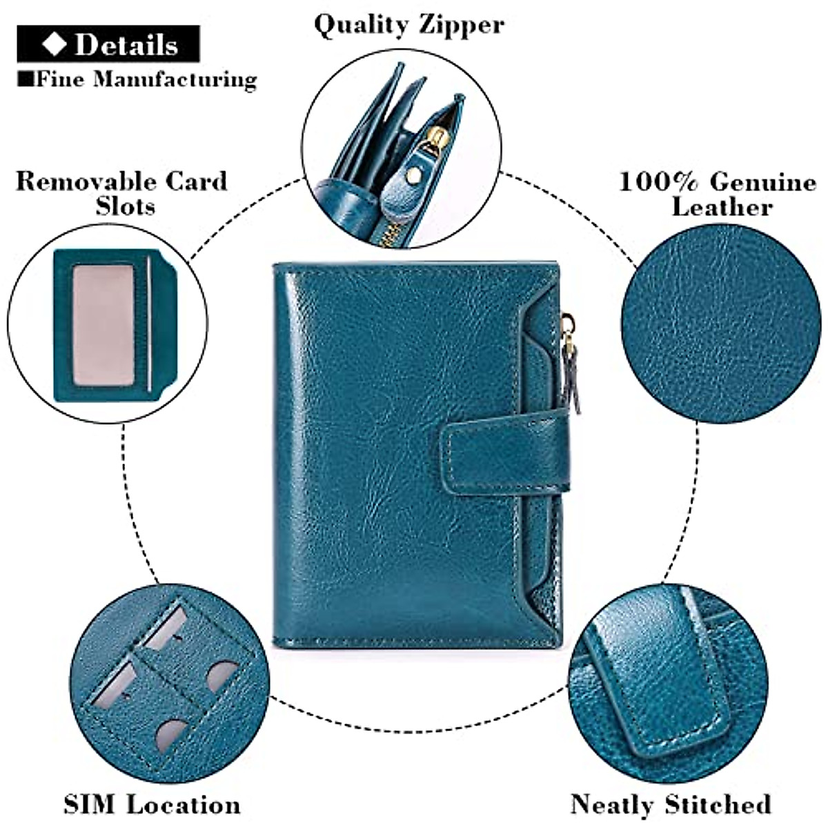 GOIACII Small Women Wallet Genuine Leather RFID Blocking Bifold Zipper Pocket Card Holder with ID Window