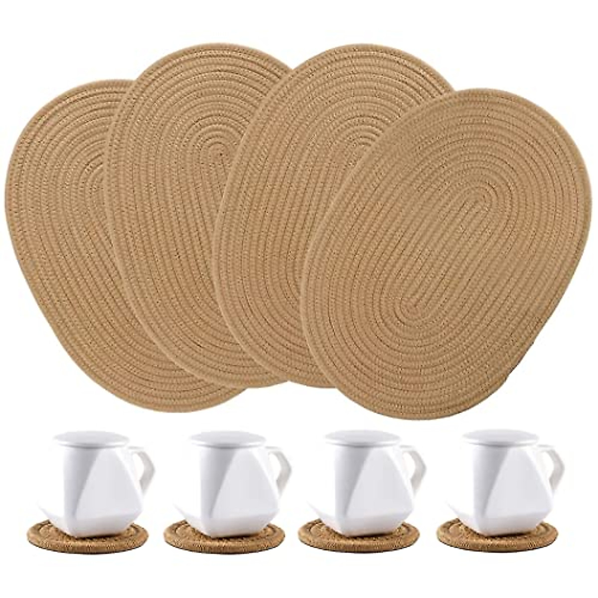 WENFOME 4 Pack Oval Jute Woven Placemats and Set of 4 Round Fabric Coasters, Cotton Braided Placemats Set, Dining Table Mat, Heat-Resistant Pot Holders, 12 * 16'' Washable Place Mats