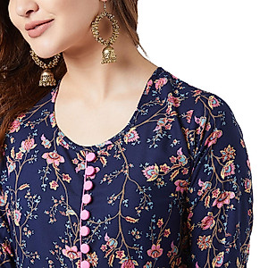 Tissu Women's Navy Blue & Pink Floral Printed Flared Kurta (Blue_S)