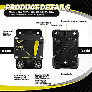 BULVACK 150 Amp High Amp Marine Rated Circuit Breaker for Boat Trolling Motor with Manual Reset Switch, Water Proof, 12V- 48V DC