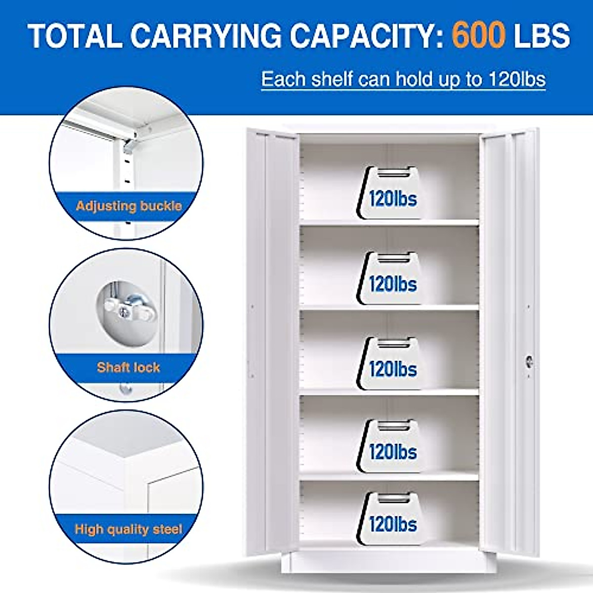 Reemoon Metal Storage Cabinet with Locking Doors and Adjustable Shelves, 71" Tall Steel Storage Cabinet for Home Office, White