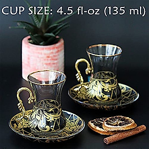 Vissmarta Gold Vintage Turkish Tea Glasses Cups and Saucers Set of 6 Drinking Glassware Party Adults Fancy Serving Coffee Tray Drinks Kettle Women Christmas Gift Teacup Handle Moroccan Drinkware Rim