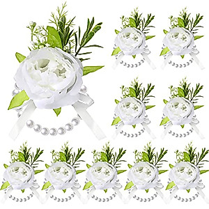 10 Pcs Ivory Rose Wrist Corsage Wristlet Band Prom Hand Flower Bride Wrist Corsage White Wedding Corsage Bracelet Bridesmaid Wristband for Women Homecoming Bridal Shower Accessories (Pearl Style)