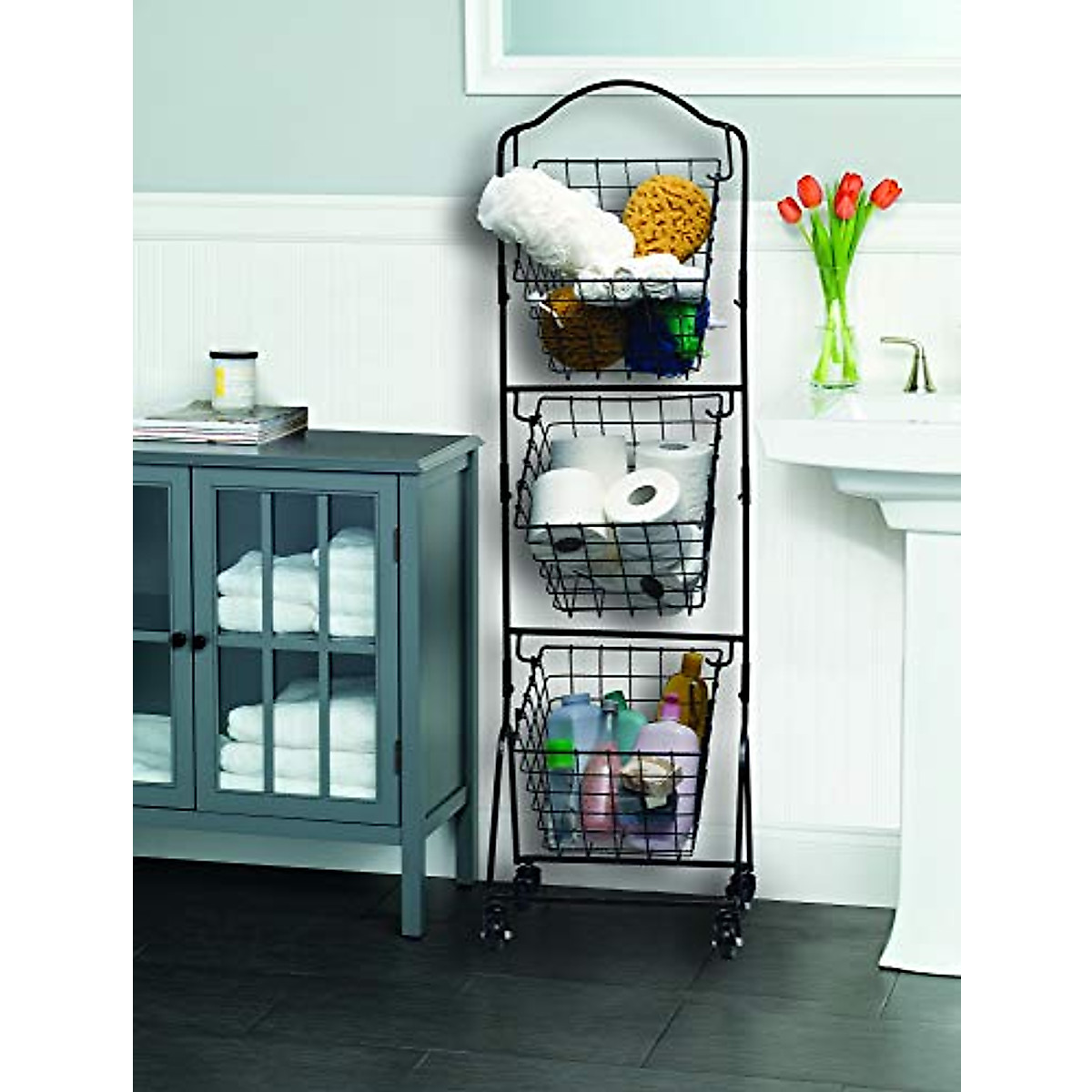 Gourmet Basics by Mikasa Rio 3-Tier Metal Floor Standing Fruit Storage Basket with Removable Wheels, 47.75-Inch, Black