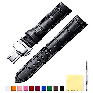 BINLUN Leather Watch Strap Quick Release Strap with Silver Butterfly Deployment Buckle 12mm 13mm 14mm 16mm 17mm 18mm 19mm 20mm 21mm 22mm 23mm 24mm Watch Band for Men Women (Black,20mm)