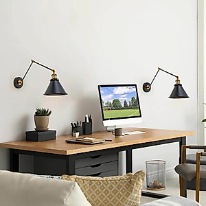 Black Wall Sconces Lighting, Modern Industrial Plug in or Hardwired Adjustable Swing Arm Wall Lamp with Antique Brass Finish for Bedroom, Living Room and Kitchen