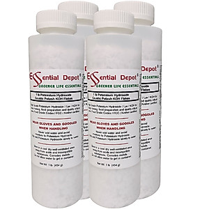 Potassium Hydroxide Flakes KOH, 4 lbs (4 x 1lb Container) Caustic Potash Anhydrous KOH Dry Electrolyte - HDPE Container with resealable Child Resistant Cap
